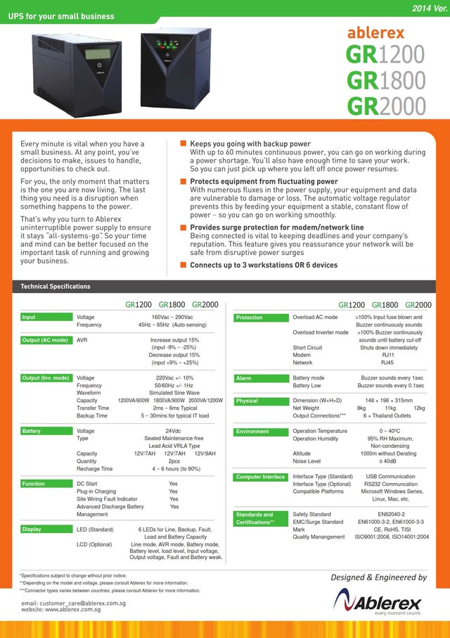 ABLEREX-GR2000 2000va/1200w with LCD display, RJ11, RJ45/ carry-in swap ...