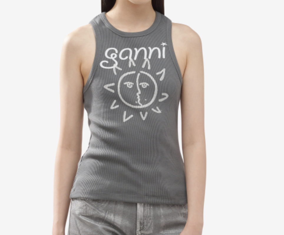 พร้อมส่ง Ganni เสื้อแขนกุดสีเทา ลายพระอาทิตย์ รุ่น Graphic Rip Sun ...