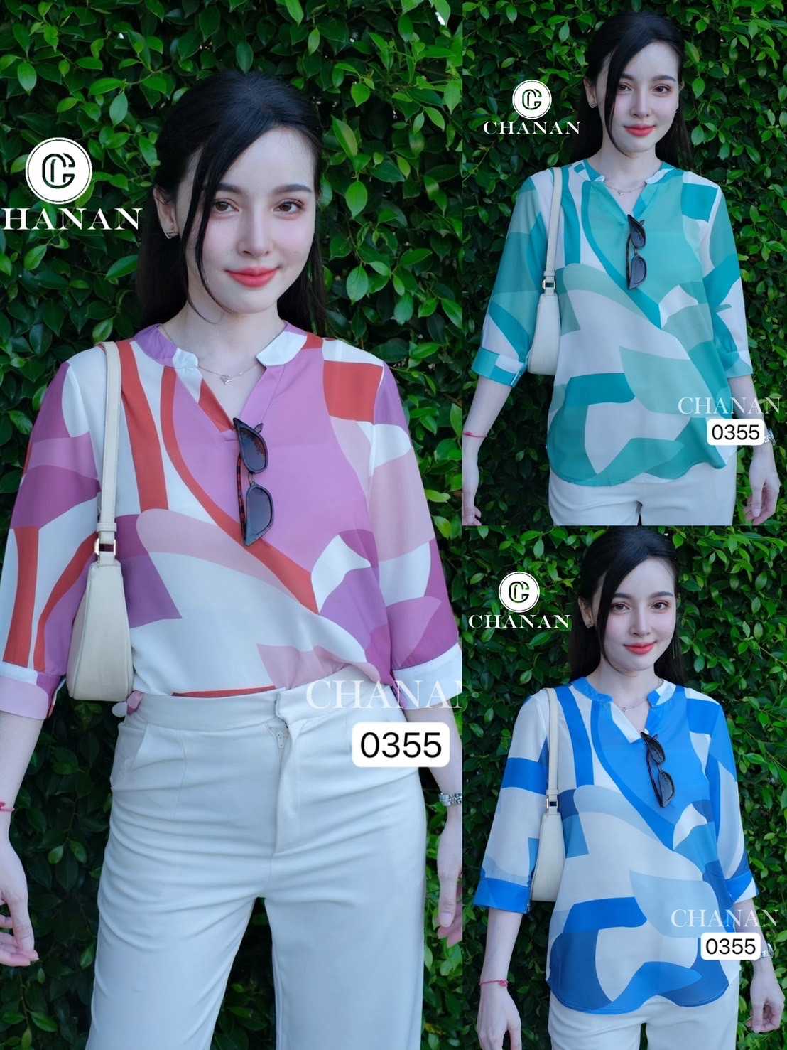 0355 เสื้อคอจีน แขนยาวปิดศอก ลายสวย ทรงสวย สีสดใส ผ้าใส่สบาย มี3สี ...