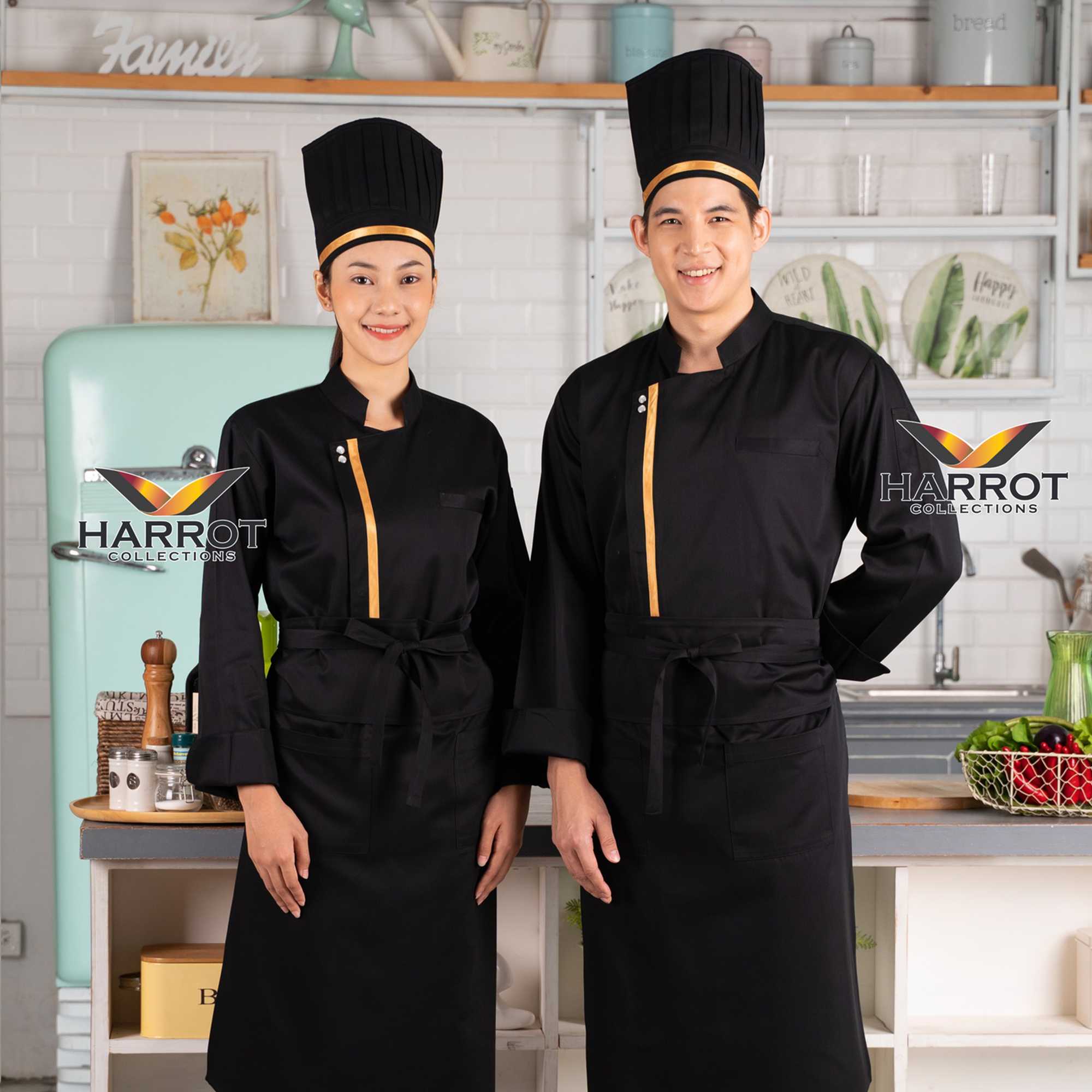 เสื้อกุ๊ก เสื้อเชฟ ชุดเชฟ แขนยาว สีดำกุ๊นทอง กระดุมแป๊ก (FSS0732 ...