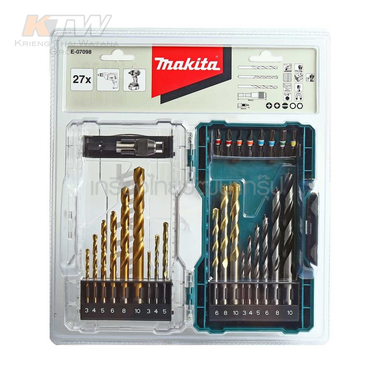 MAKITA E-07098 ชุดดอกสว่านเจาะเหล็ก+ปูน+ไม้+ดอกไขควง+แกน (27PCS) | LINE ...