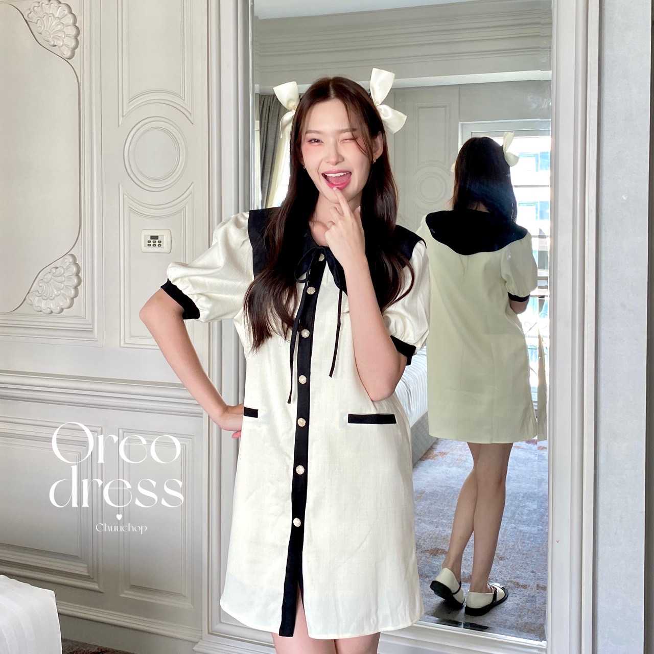 chuuchop_พร้อมส่ง(C8109)🍷🍾 Oreo dress เดรสสั้นสีทูโทนครีมดำ แต่งกระดุม ...
