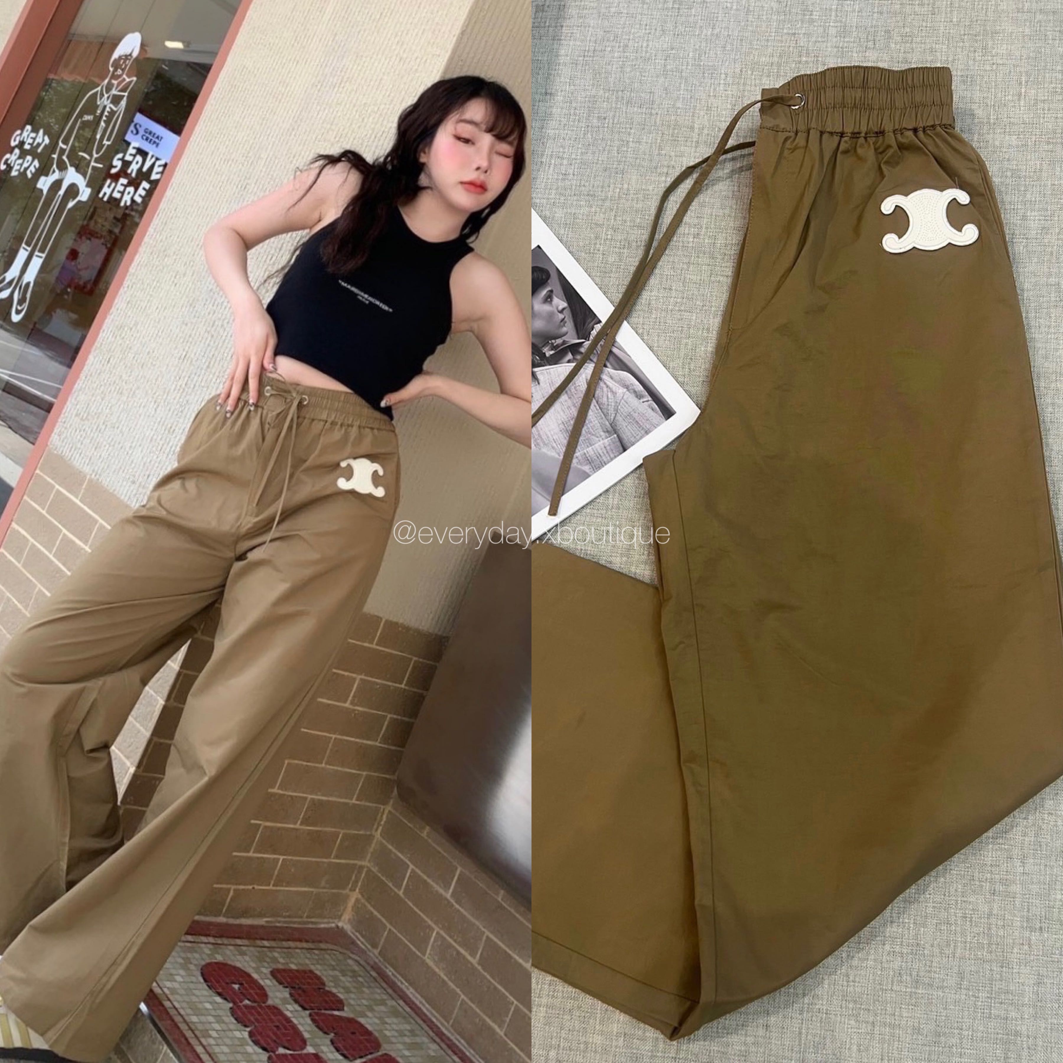 CLN NYLON PANT🤎(420฿) กางเกงผ้าร่มnylon เอวสม๊อคยืด มีเชือกรูดด้านหน้า ...